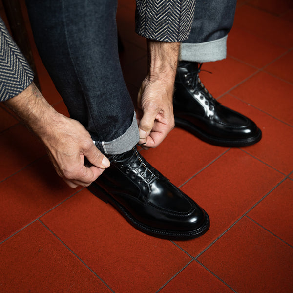 Men's black lace-up brushed smooth calfskin boots with leather sole ...